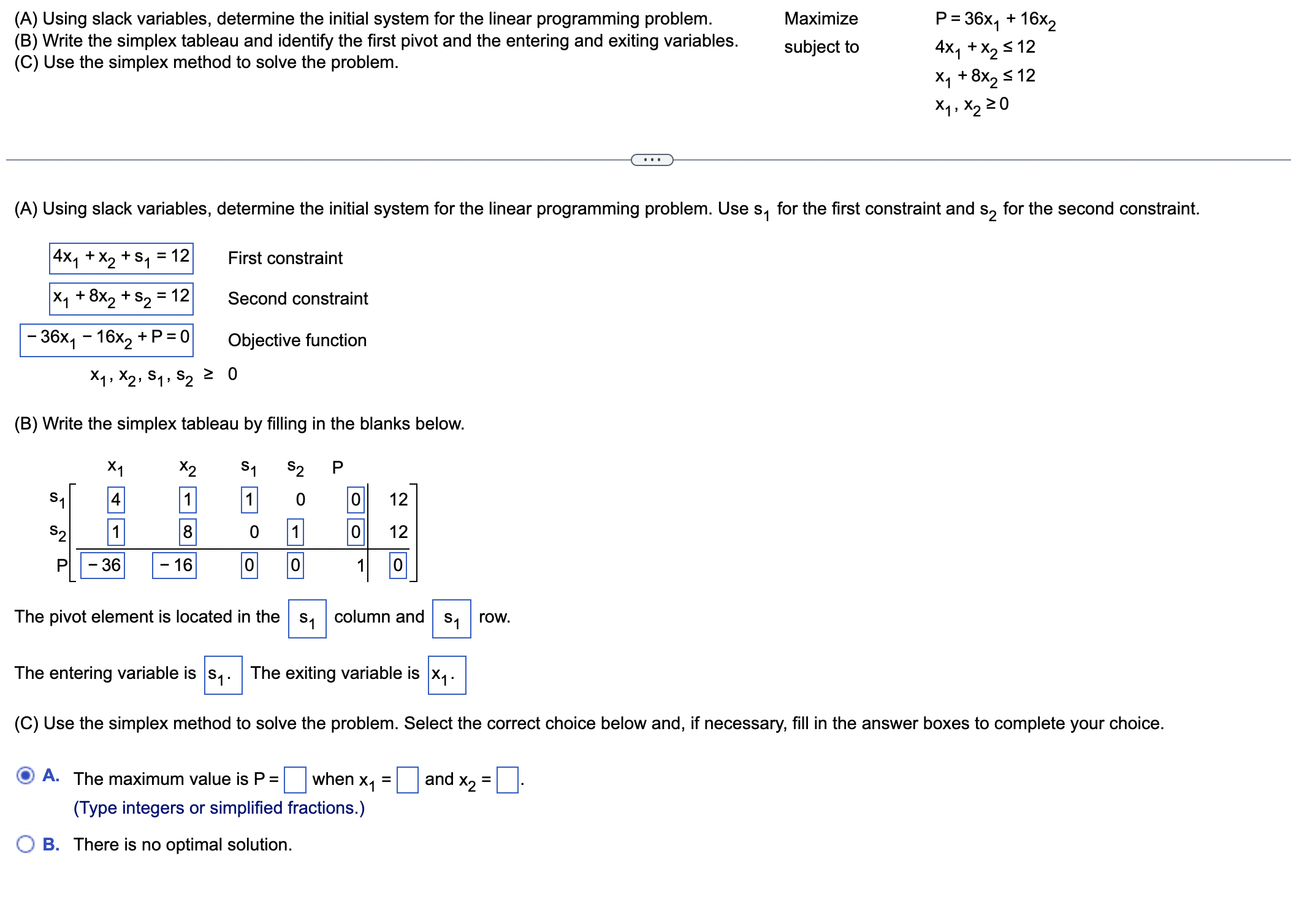 Solved A using Slack variables Determine The Initial