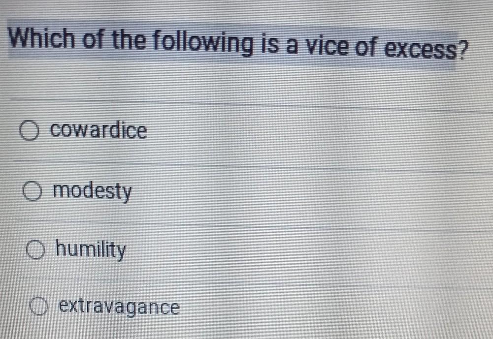 Solved Which of the following is a vice of excess? O | Chegg.com