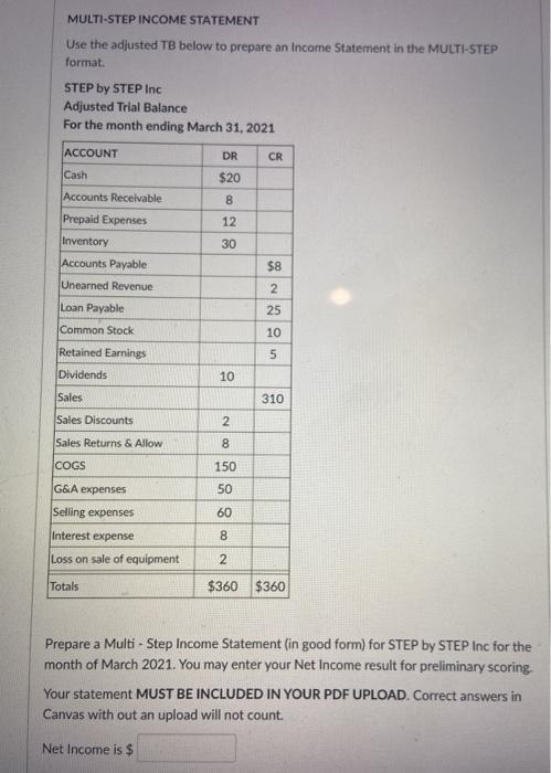 Solved MULTI-STEP INCOME STATEMENT Use the adjusted TB below | Chegg.com