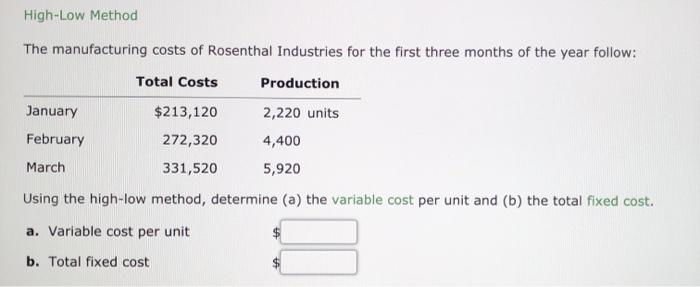 Solved High-Low Method The manufacturing costs of Rosenthal | Chegg.com