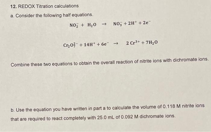 Solved 12. REDOX Titration calculations a. Consider the | Chegg.com