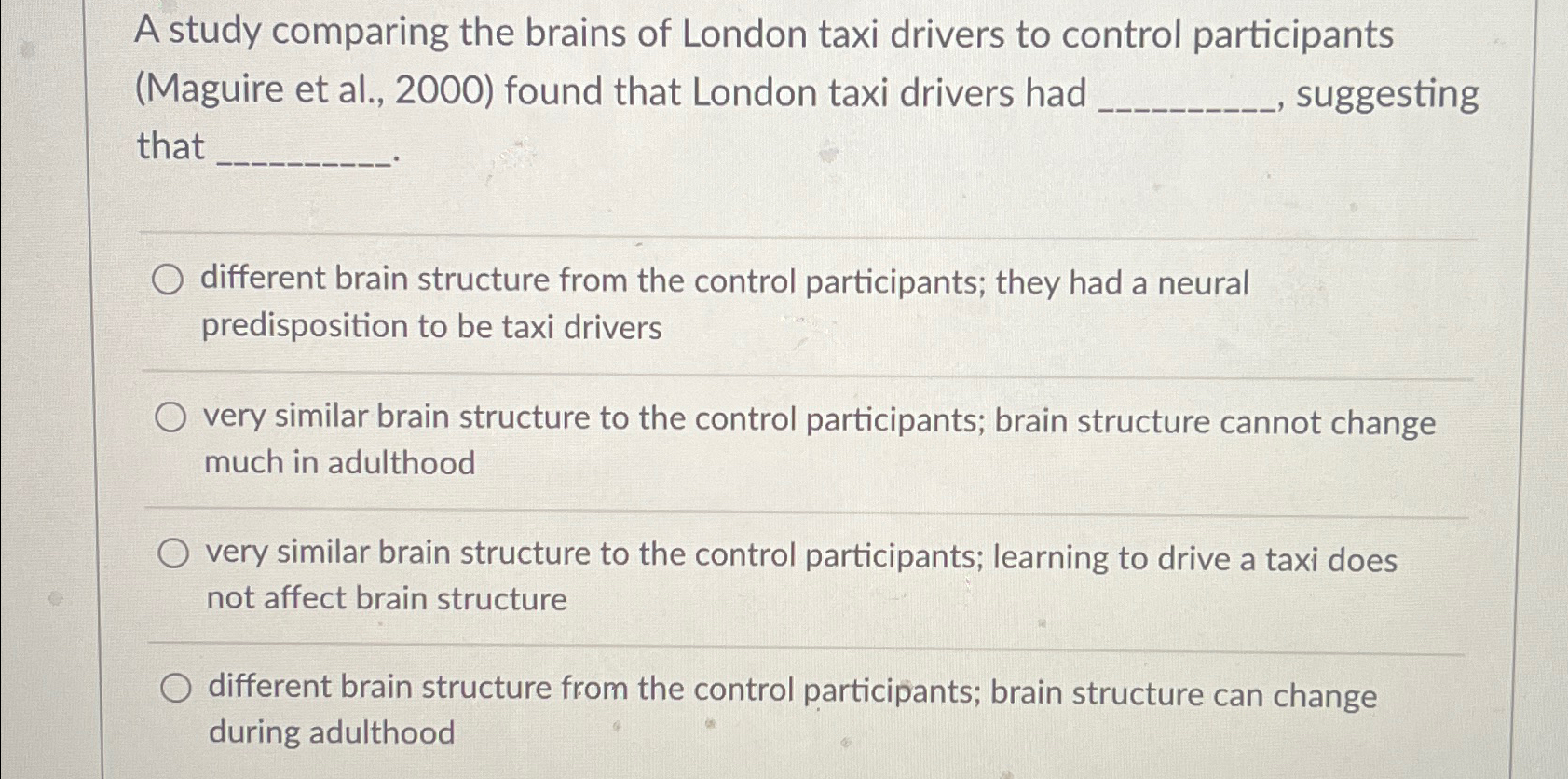 Solved A study comparing the brains of London taxi drivers | Chegg.com