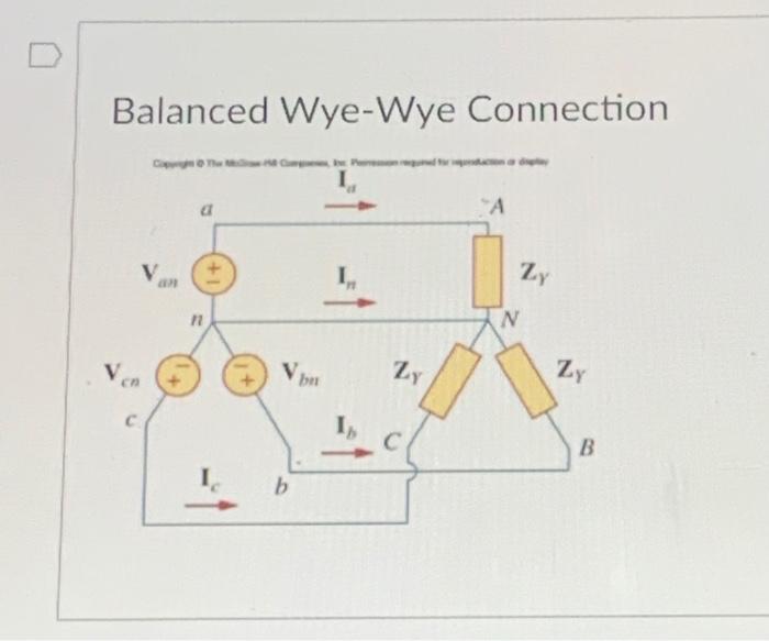 Solved Balanced Wye-Wye Connection А 1+ Zy n N V. Zy Zy B b | Chegg.com