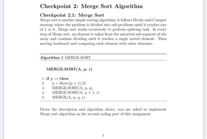 Solved Checkpoint 2: Merge Sort Algorithm Checkpoint 2.1: | Chegg.com
