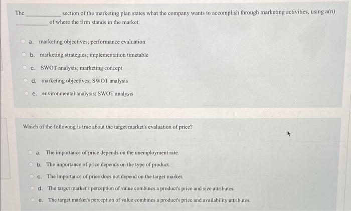 Solved The section of the marketing plan states what the | Chegg.com