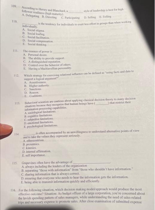 Solved 109. According to Hersey and Blachard, a follower | Chegg.com