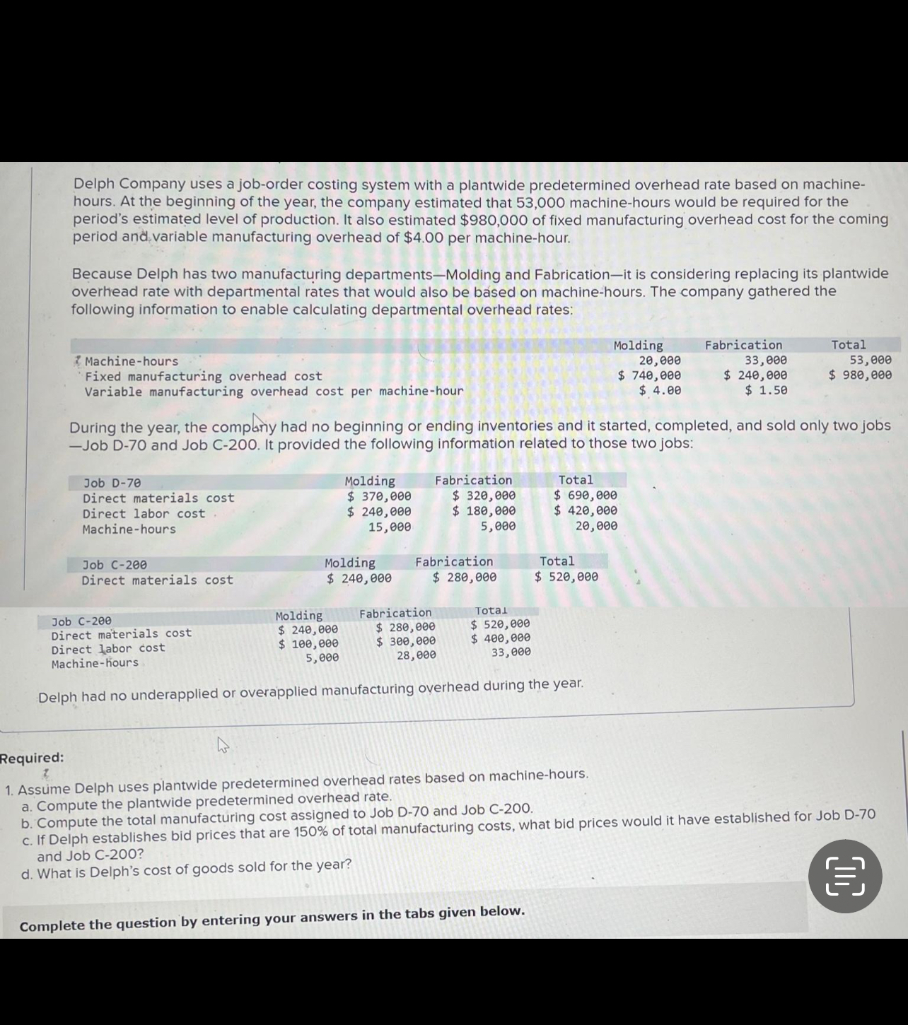 Delph Company uses a job-order costing system with a | Chegg.com