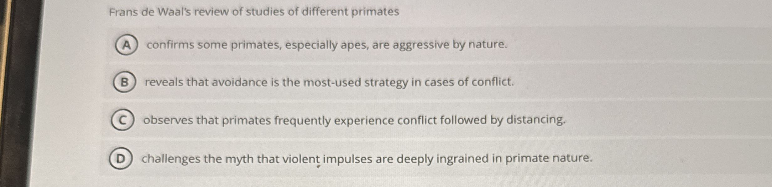 Solved Frans de Waal's review of studies of different | Chegg.com