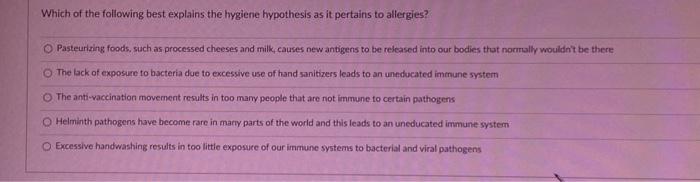 Solved Which of the following best explains the hygiene | Chegg.com