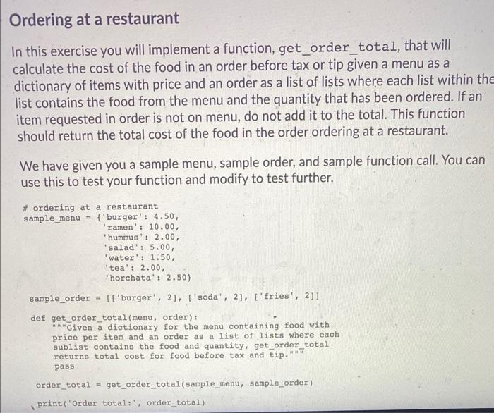 Solved Ordering at a restaurant In this exercise you will | Chegg.com
