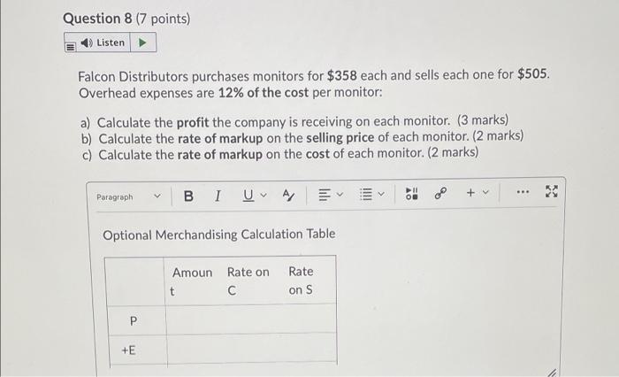 Solved Question 8 (7 points) Listen Falcon Distributors | Chegg.com