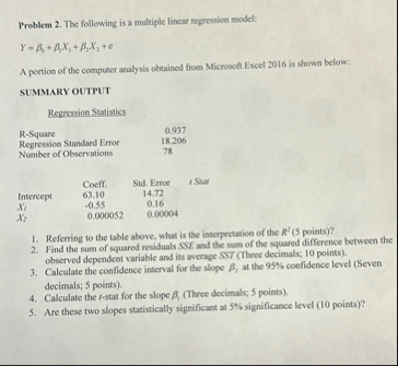 [Solved]: Problem 2. The following is a multiple linear regr