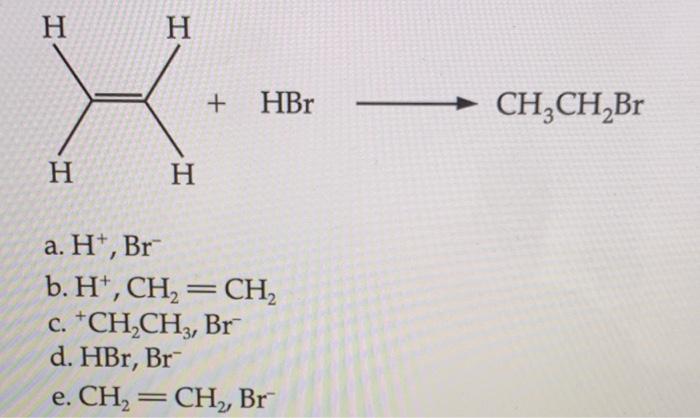 Solved H H + HBr - CH,CH_Br H H a. H+, Br b. H+, CH2=CH2 c. | Chegg.com