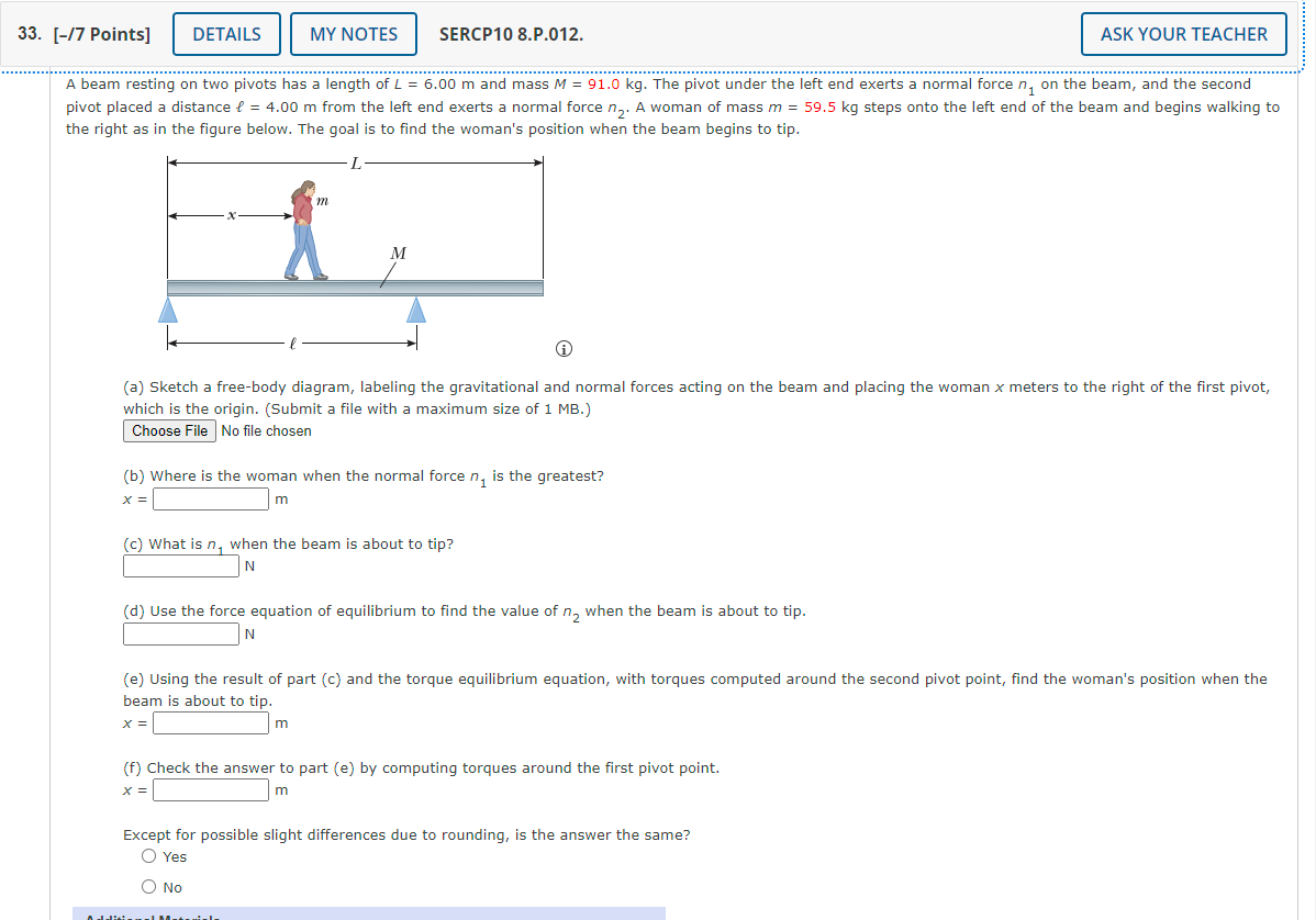 Solved A beam resting on two pivots has a length of L=6.00m | Chegg.com
