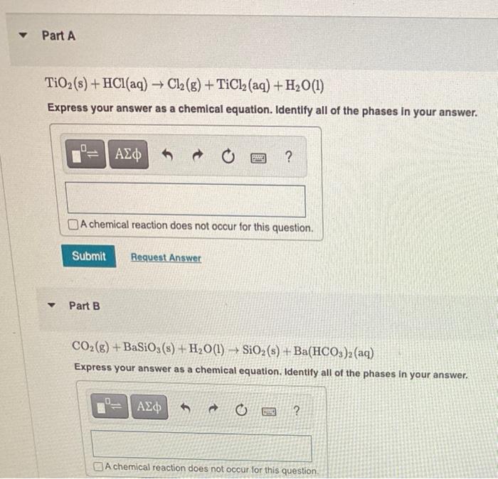 Solved Part A TiO2 (s) + HCl(aq) + Cl2(g) + TiCl2 (aq) + | Chegg.com