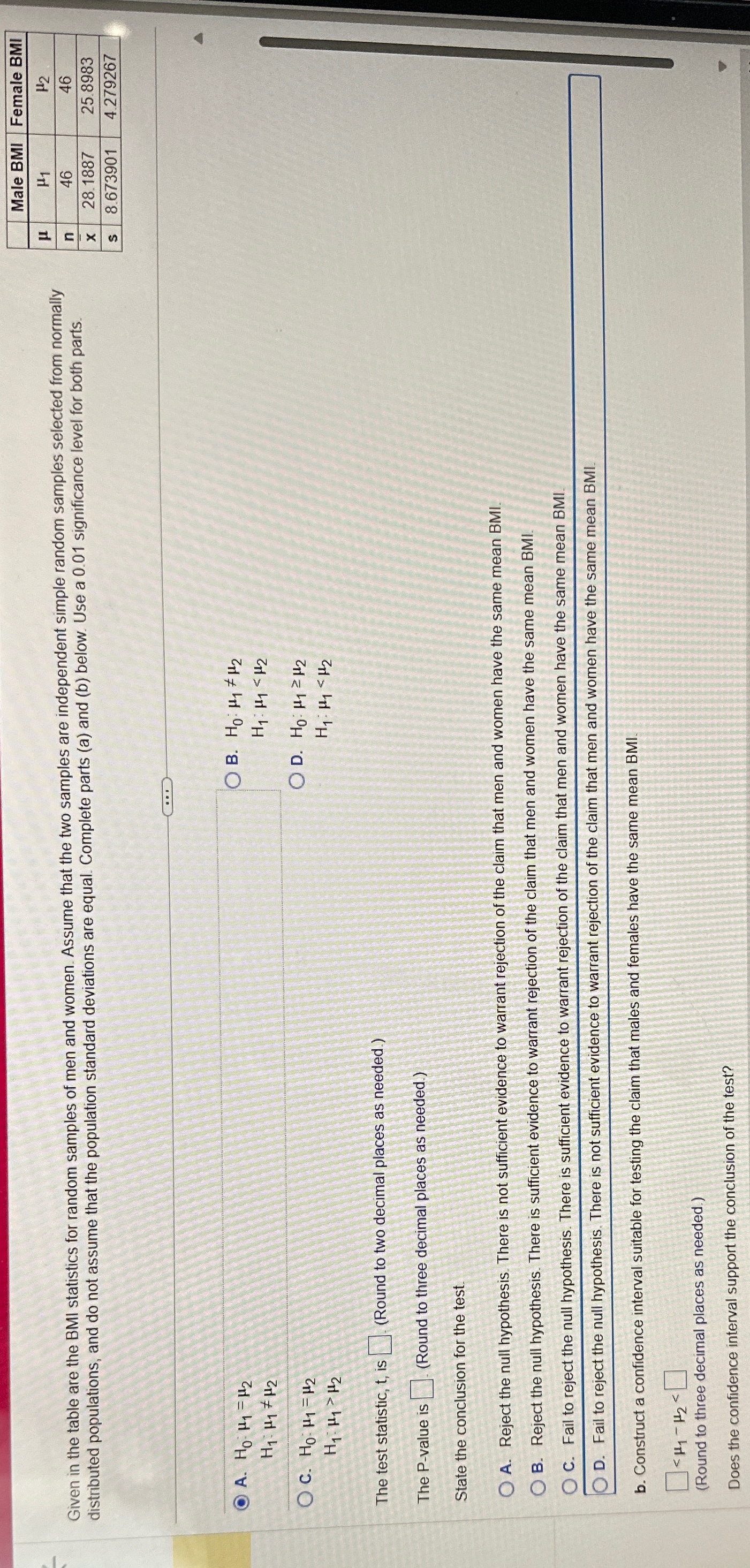 Solved Given in the table are the BMI statistics for random | Chegg.com