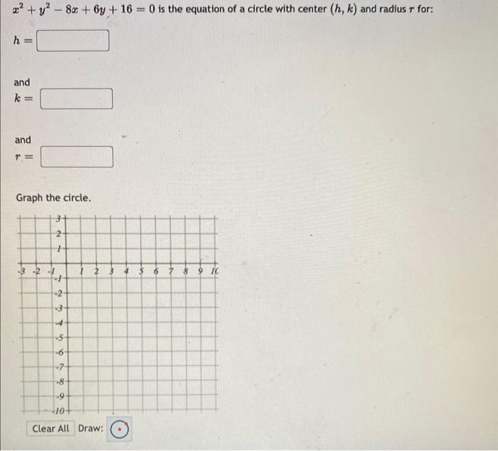 Solved x2+y2−8x+6y+16=0h= and k= and r= Graph the circle. | Chegg.com