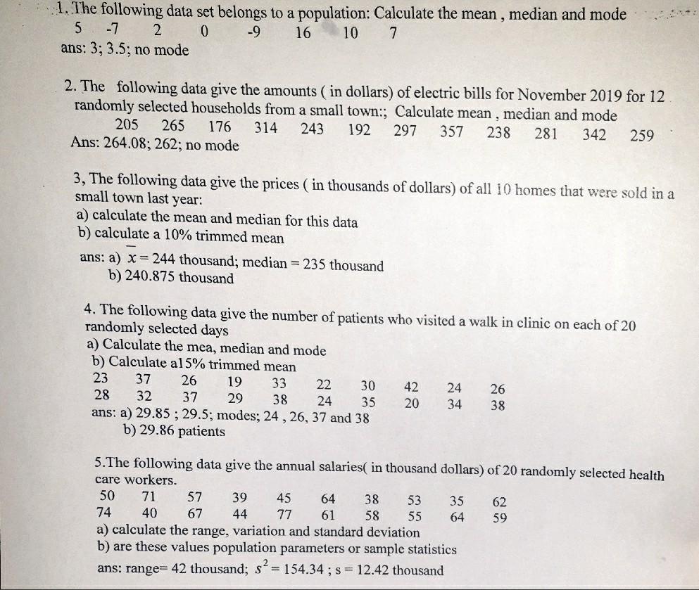 Solved 1. The following data set belongs to a population: | Chegg.com