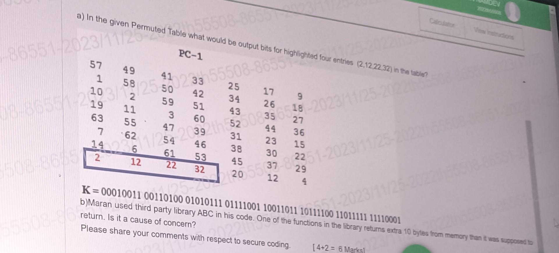 Solved a) In the given Permuted Table what would be outnuw | Chegg.com