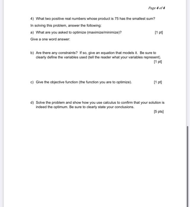 Solved 4) What two positive real numbers whose product is 75 | Chegg.com