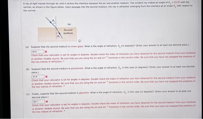 Solved A ray of light travels through air until it strikes | Chegg.com