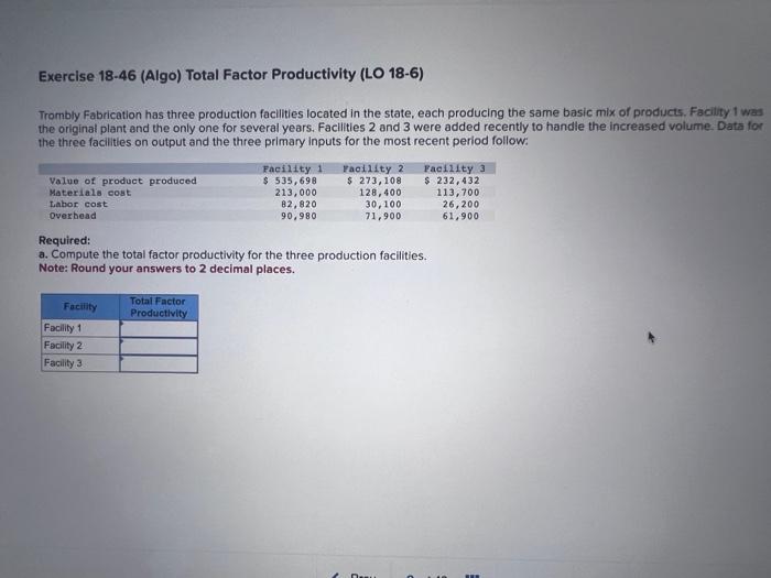 Solved Exercise 18-46 (Algo) Total Factor Productivity (LO | Chegg.com Solved Exercise 18-46 (Algo) Total Factor Productivity (LO | Chegg.com