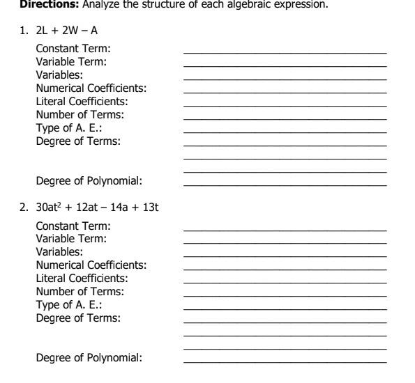 Solved Directions: Analyze the structure of each algebraic | Chegg.com