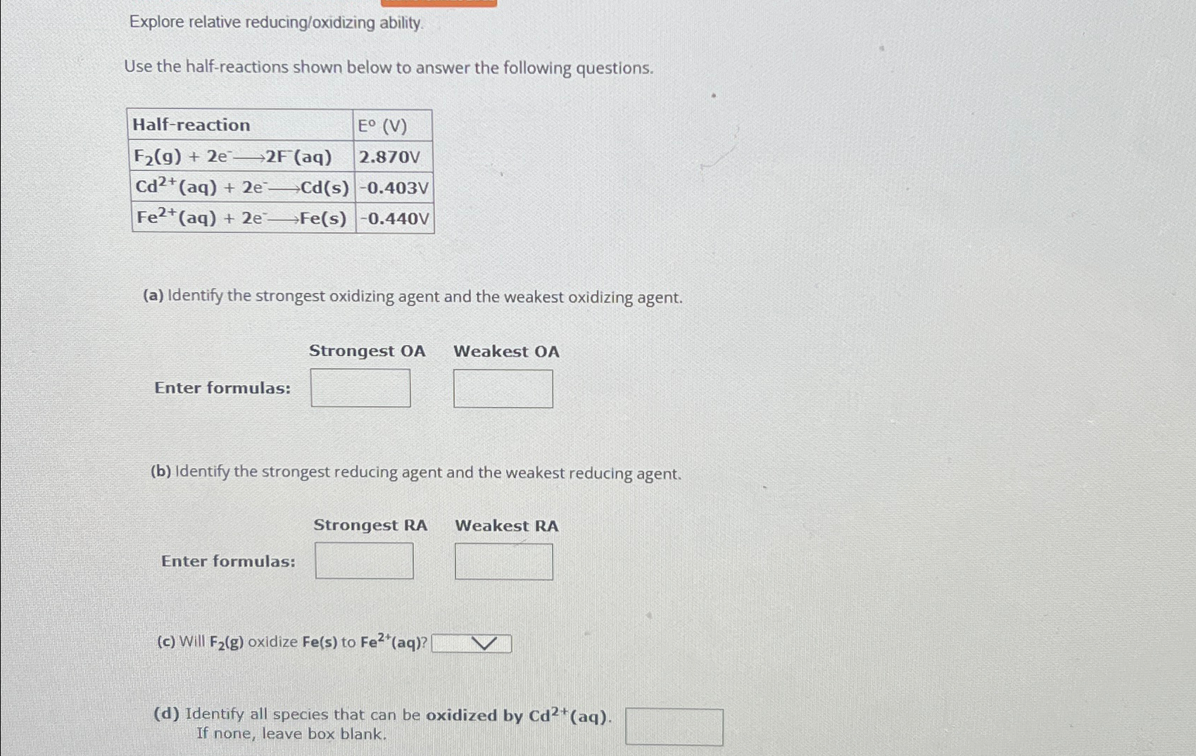 Solved Explore relative reducing/oxidizing ability.Use the | Chegg.com