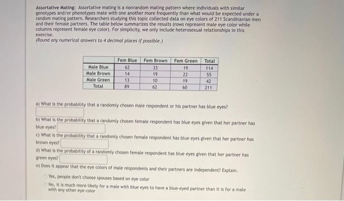 Solved Assortative Mating: Assortative mating is a nonrandom | Chegg.com