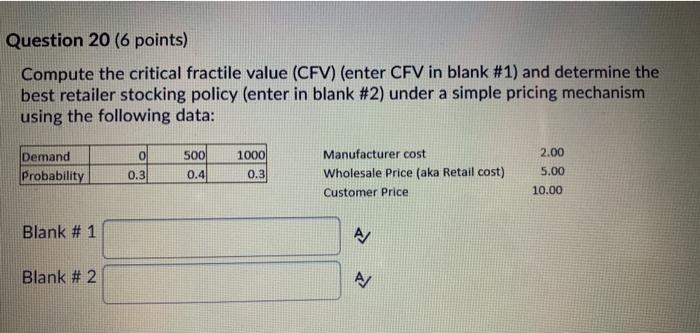 Solved Question 20 (6 points) Compute the critical fractile | Chegg.com