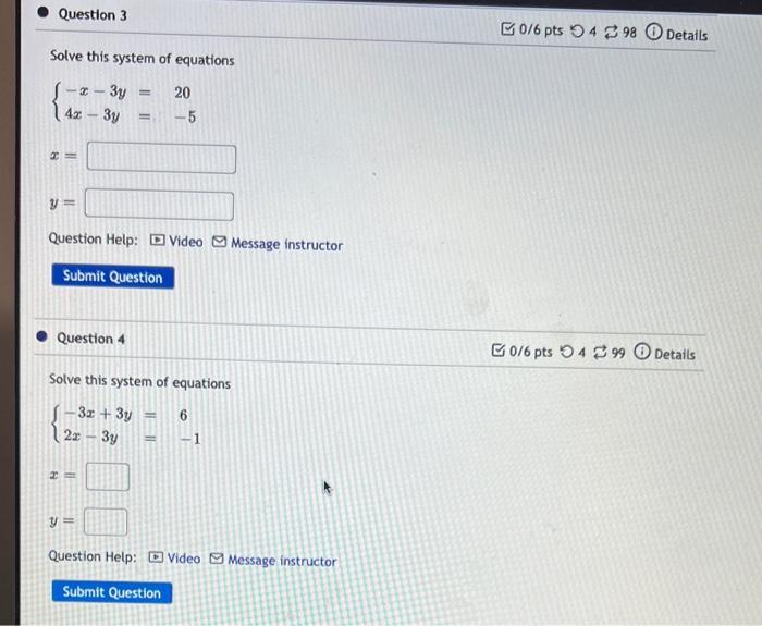 Solved Solve this system of equations {−x−3y=204x−3y=−5 x= | Chegg.com