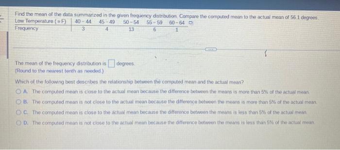 Solved = Find the mean of the data summarized in the given | Chegg.com