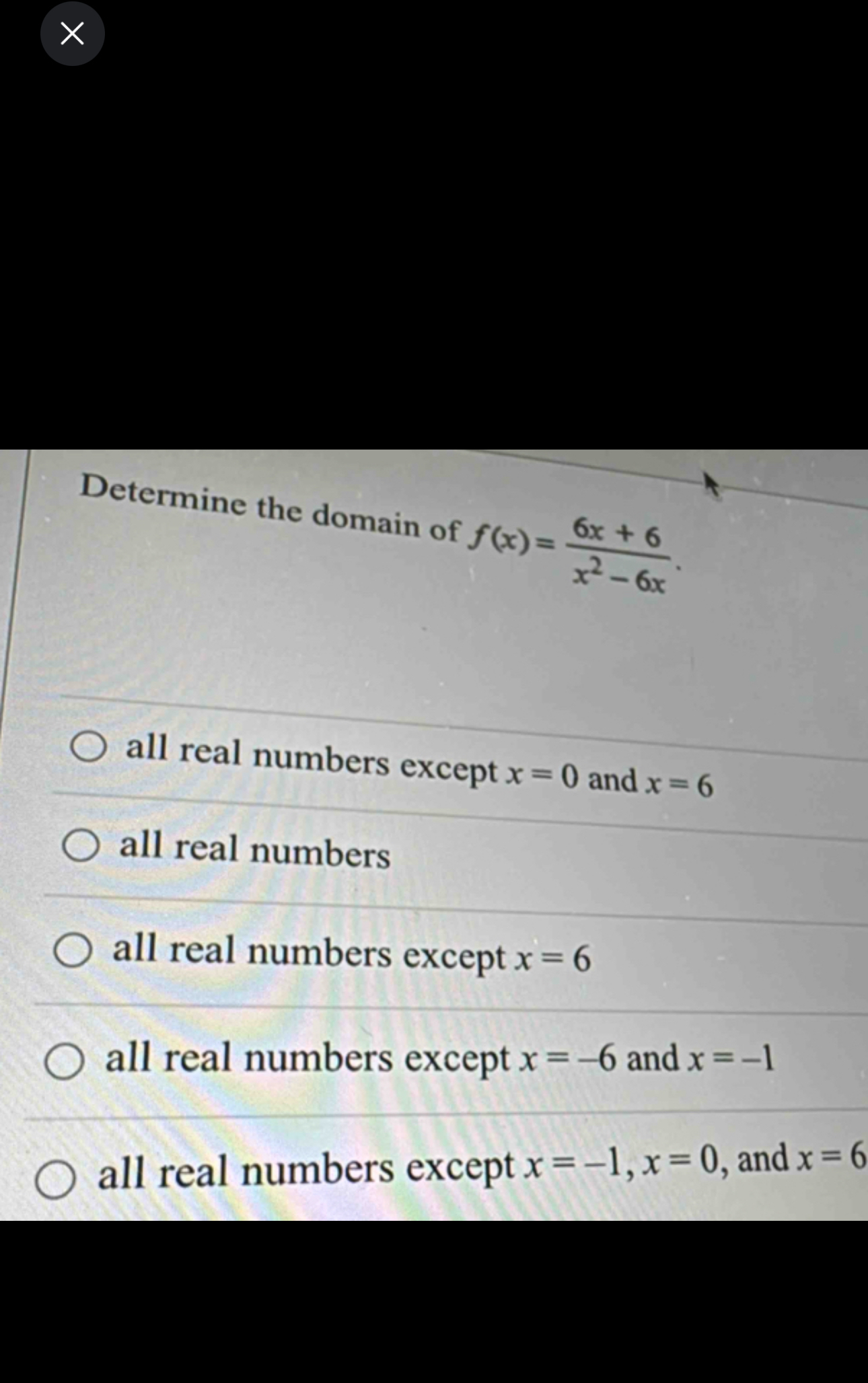 Solved Determine the domain of f(x)=6x+6x2-6x.all real | Chegg.com