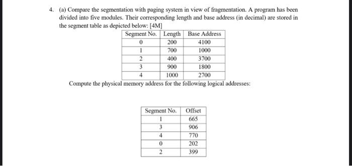 Solved 4. (a) Compare the segmentation with paging system in | Chegg.com