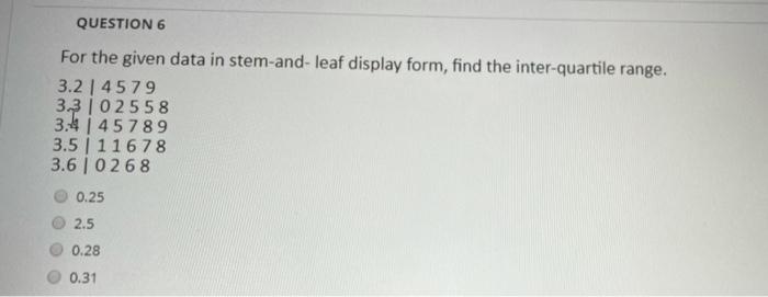 Solved QUESTION 6 For the given data in stem-and-leaf | Chegg.com