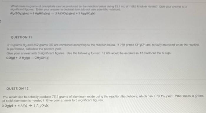 Solved QUESTION 11 213 gams H2 and 852 grams CO are combened | Chegg.com