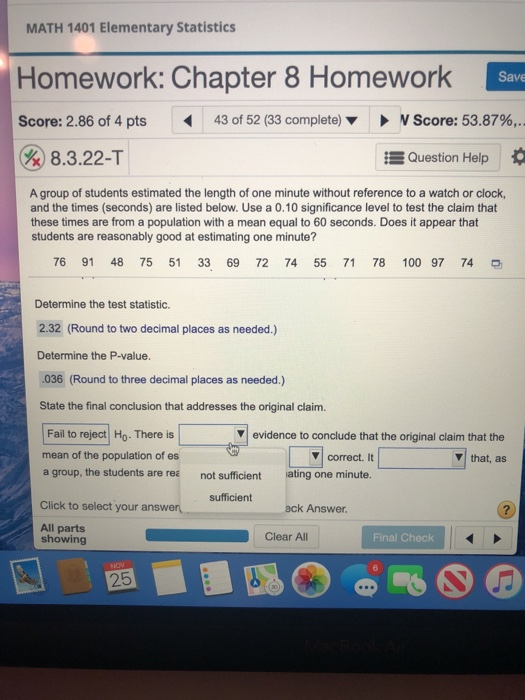 Solved MATH 1401 Elementary Statistics Homework: Chapter 8 | Chegg.com