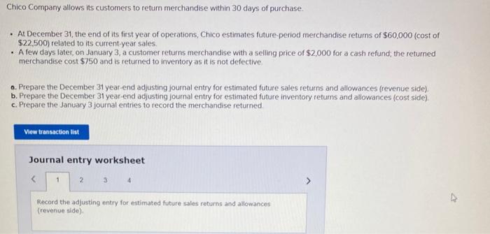 Solved Chico Company allows its customers to return | Chegg.com