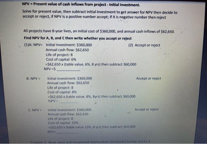 Solved NPV = Present value of cash inflows from project - | Chegg.com