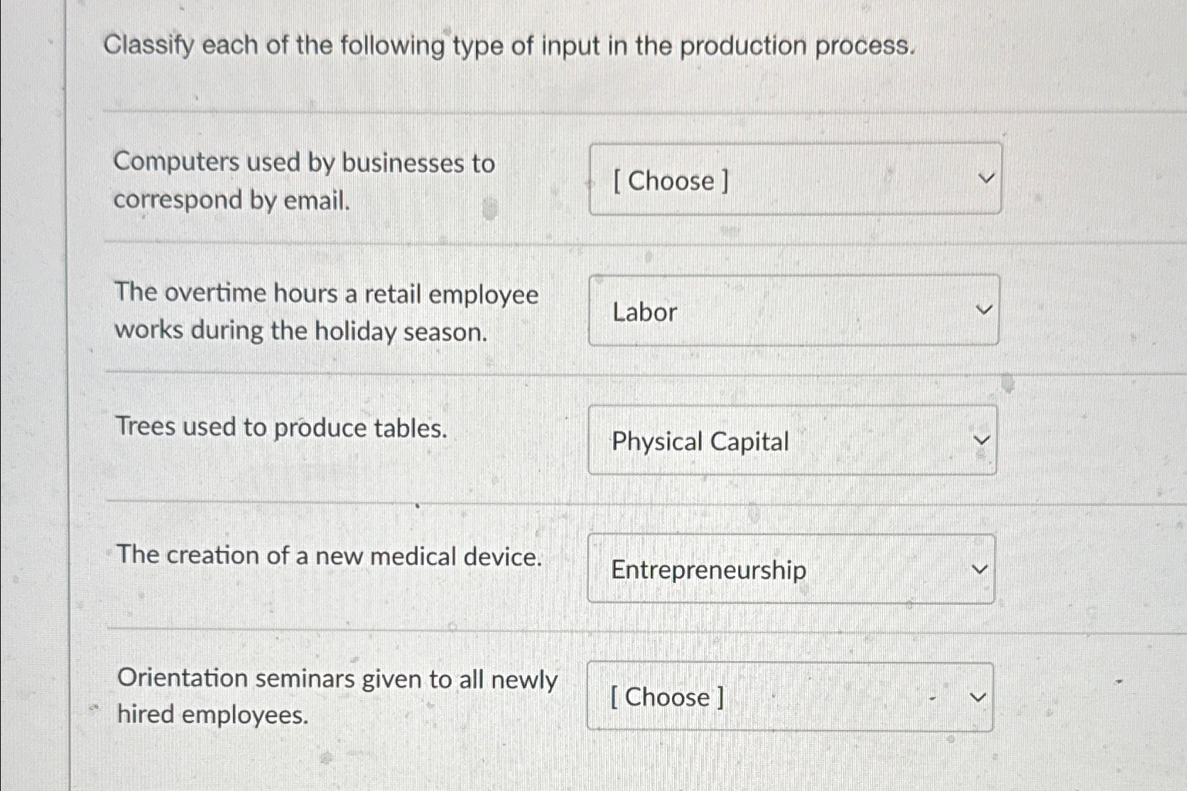 Classify each of the following type of input in the | Chegg.com
