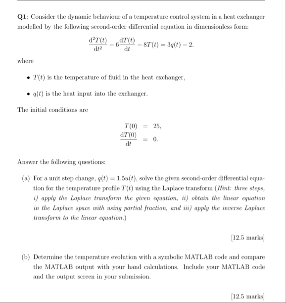 Q1: Consider the dynamic behaviour of a temperature | Chegg.com