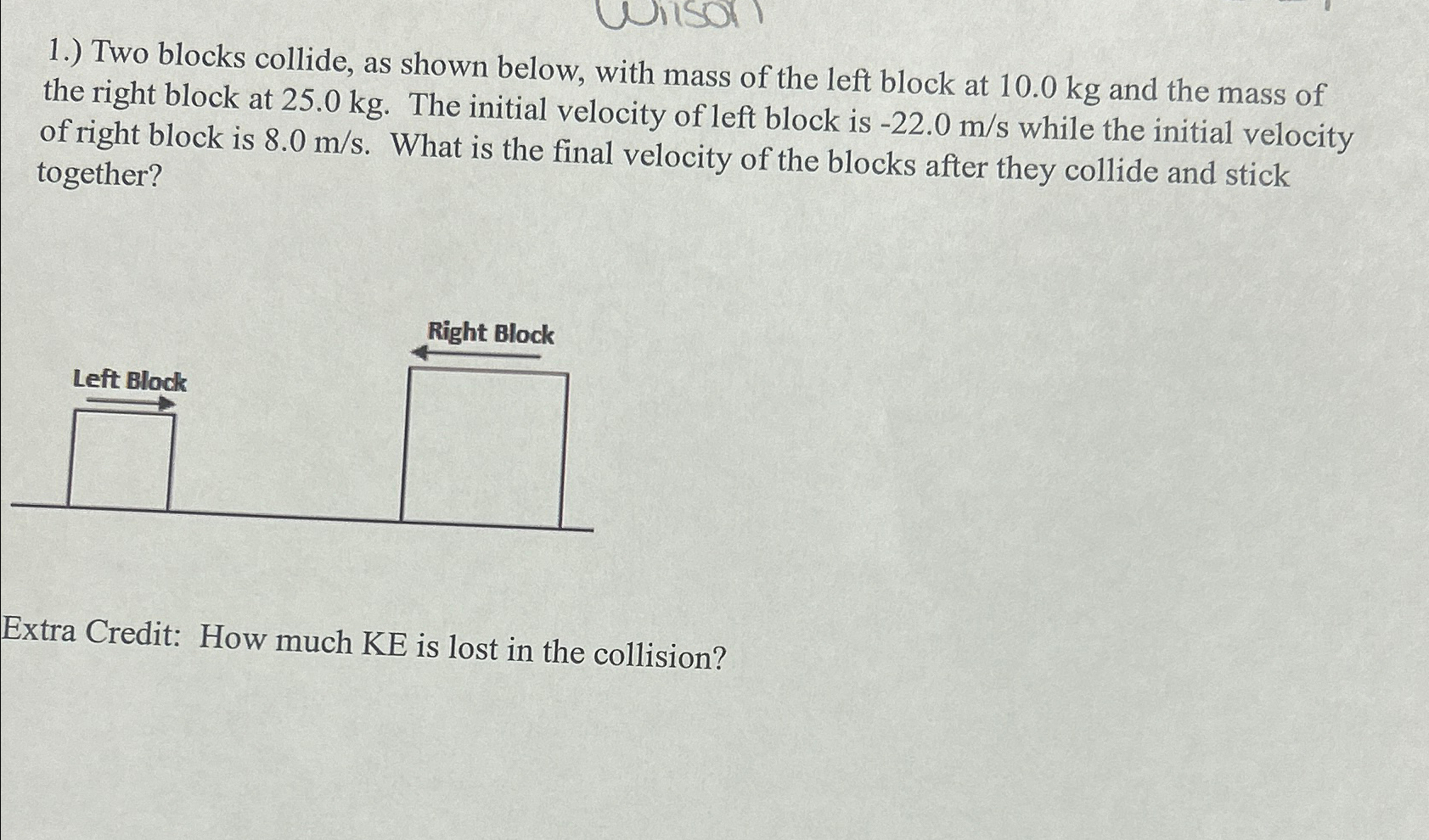 Solved 1.) ﻿Two blocks collide, as shown below, with mass of | Chegg.com