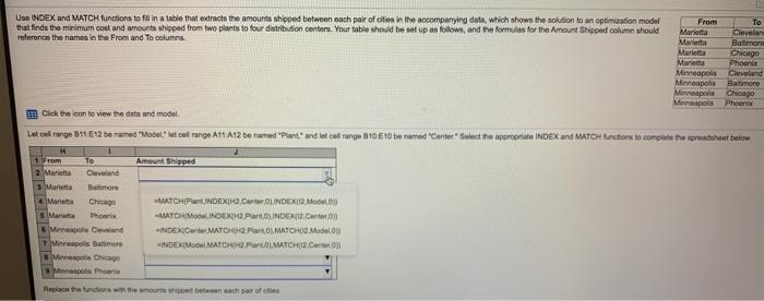 Use INDEX and MATCH functions to fill in a table that | Chegg.com