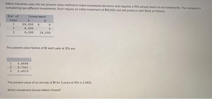Solved Alfarsi Industries uses the net present value method | Chegg.com