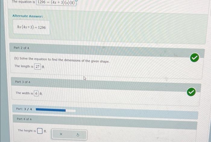 Solved The equation is 1296 (4x + 3)(x)(8) Alternate Answer: | Chegg.com
