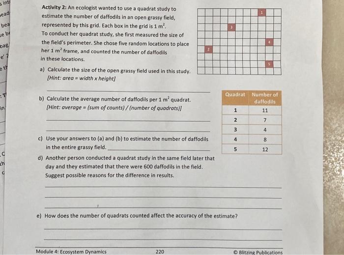 Solved Activity 2: An ecologist wanted to use a quadrat | Chegg.com