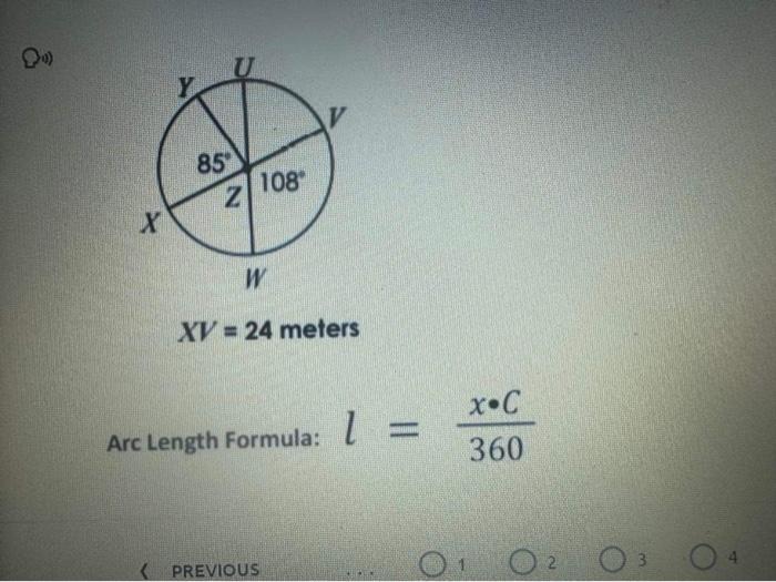 Solved XV=24 meters Arc Length Formula: l=360x⋅CArc Length | Chegg.com