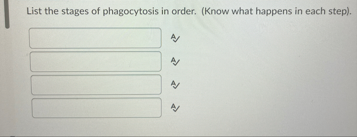 Solved List the stages of phagocytosis in order. (Know what | Chegg.com