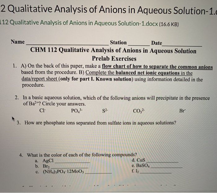 Solved 2 Qualitative Analysis of Anions in Aqueous | Chegg.com