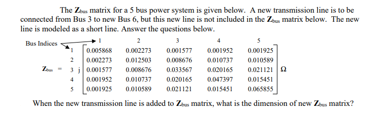 Solved The Zbus ﻿matrix for a 5 ﻿bus power system is ﻿given | Chegg.com